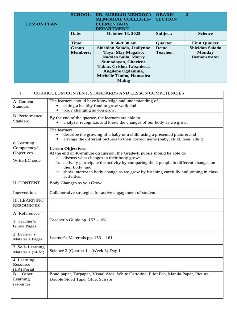 Lesson Plan for CIBAR Science 5 | PDF | Human Communication | Learning