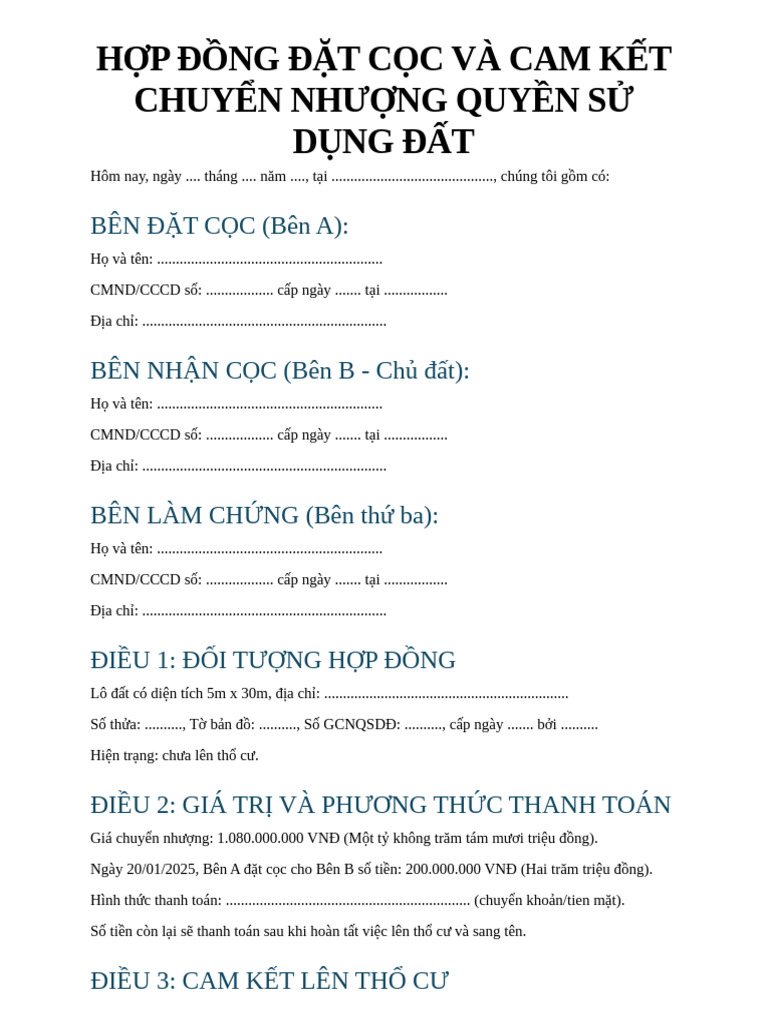 Hop Dong Dat Coc Bo Sung Chung Thuc | PDF