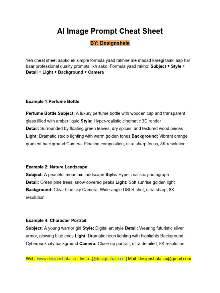AI Image Prompt Cheat Sheet - Designshala | PDF