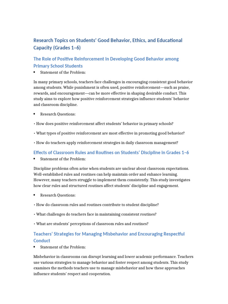 Research Topics on Behavior Ethics and Education (1) | PDF | Teachers ...