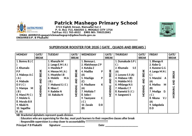 2026 Supervisor Rooster for Patrick Mashego School | PDF | Chess Theory ...