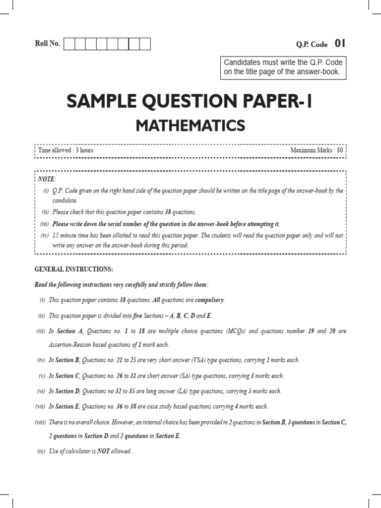 CBSE 12th Sample Question Paper-1-Mathematics | PDF | Matrix ...