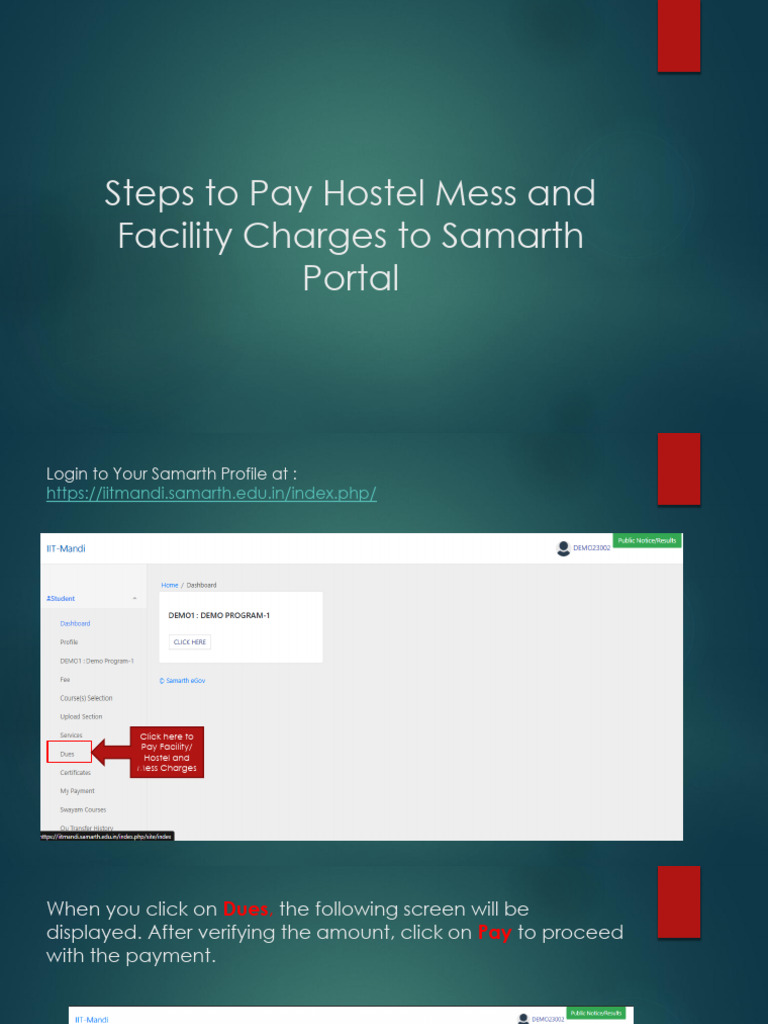 Steps to Pay Hostel Mess and Facility Charges | PDF