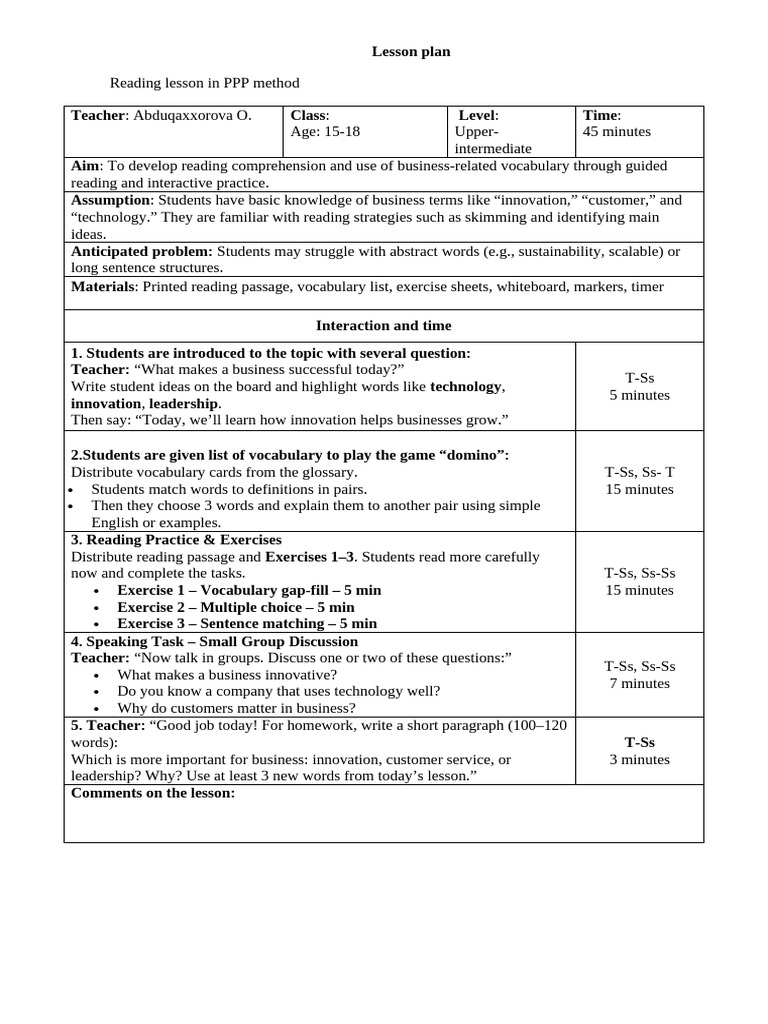 Lesson Plan- Reading. Abduqaxxorova | PDF | Reading Comprehension | Vocabulary