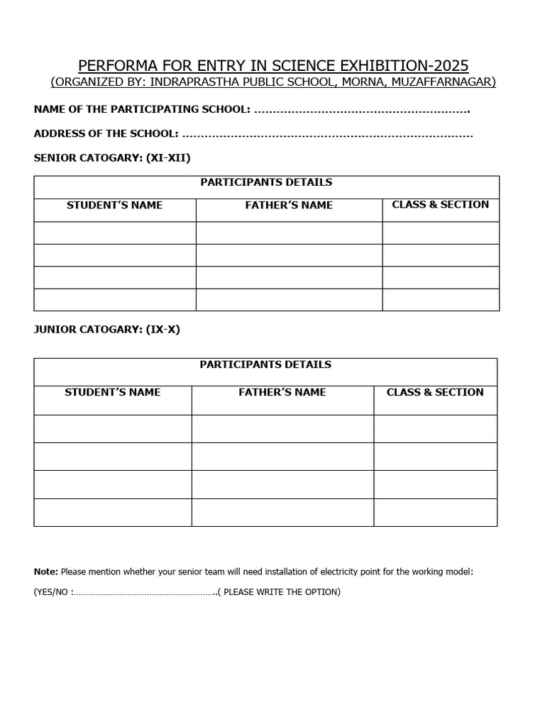 Science Exhibition Entry Form 2025 | PDF