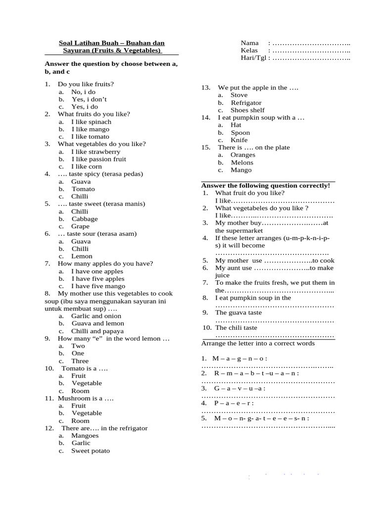 02. Soal Latihan Fruits and Vegetables | PDF | Fruit | Foods