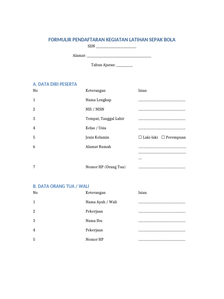 Formulir Pendaftaran Latihan Sepak Bola | PDF