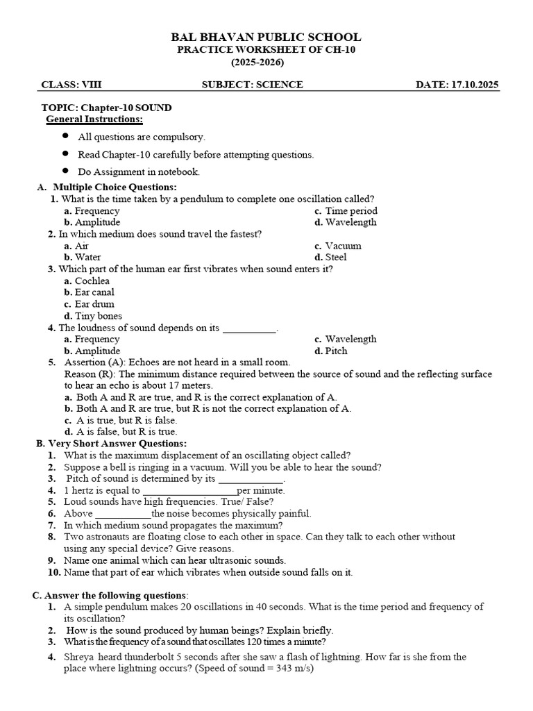 Class VIII Science Worksheet on Sound | PDF | Sound | Oscillation