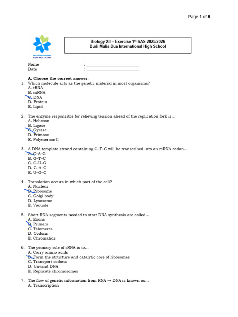 Biology XII - Exercise 1st SAS 2025-2026 | PDF | Dominance (Genetics ...