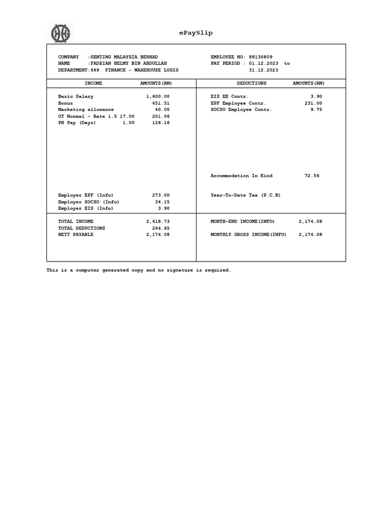 Your PaySlip for Dec 2023 | PDF