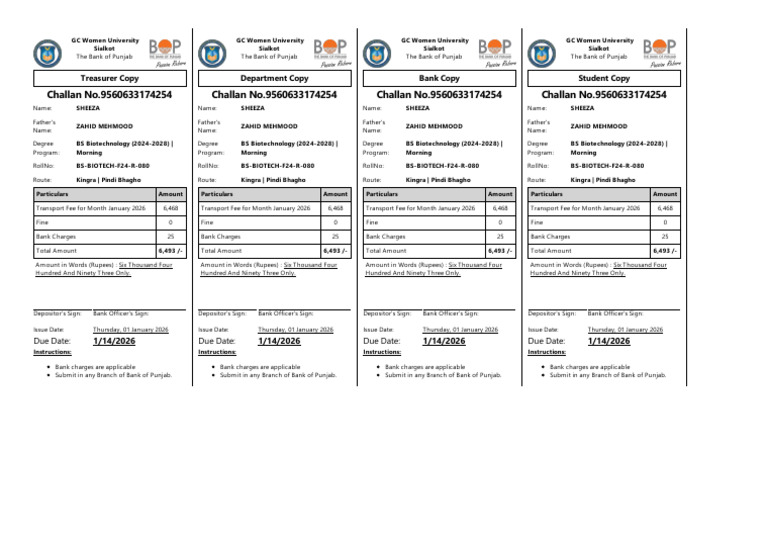 GC Women University Transport Fee Challan | PDF | Service Industries ...
