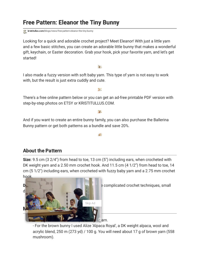 Free Pattern_ Eleanor the Tiny Bunny | PDF | Crochet | Embroidery