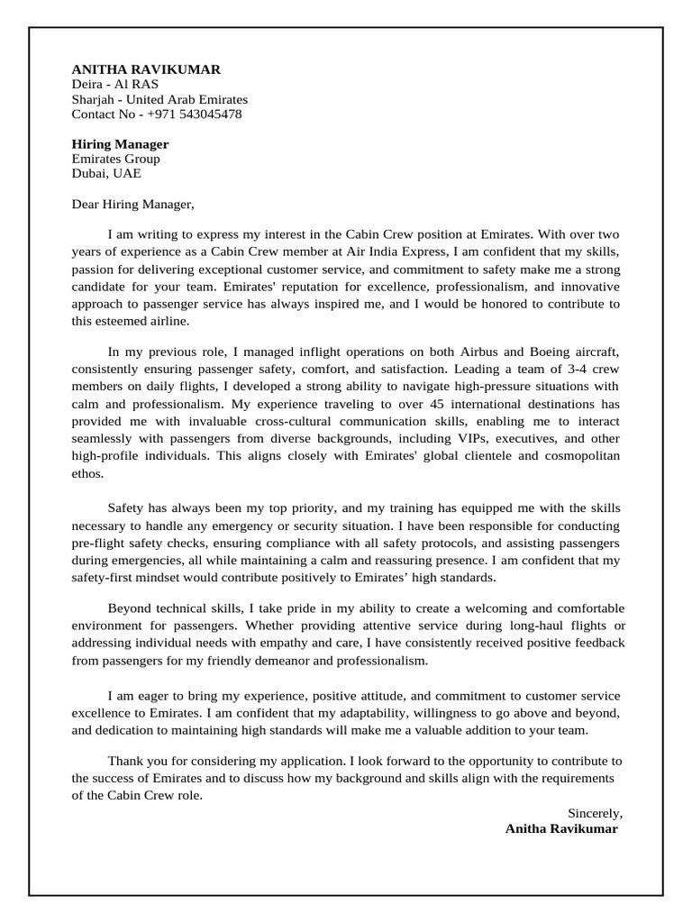 ANITHA COVER LETTER | PDF | Emirates (Airline) | Flight Attendant