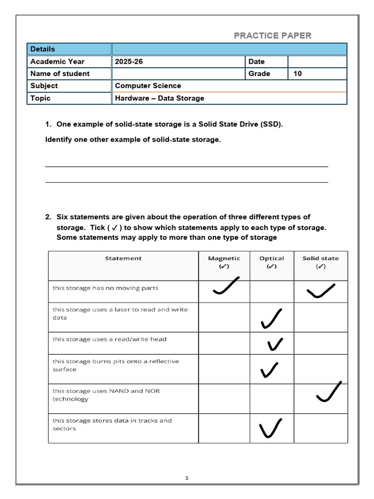 Chp-3 Revision Worksheet-3 Storage | PDF | Computer Data Storage ...