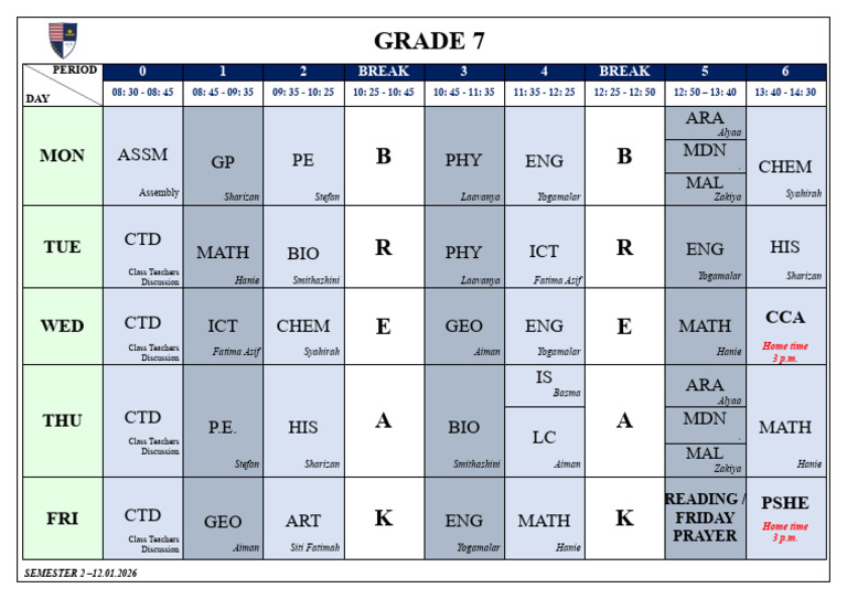AIS Timetable 2025_2026 - Grade 7_Semester 2_12Jan2026 | PDF