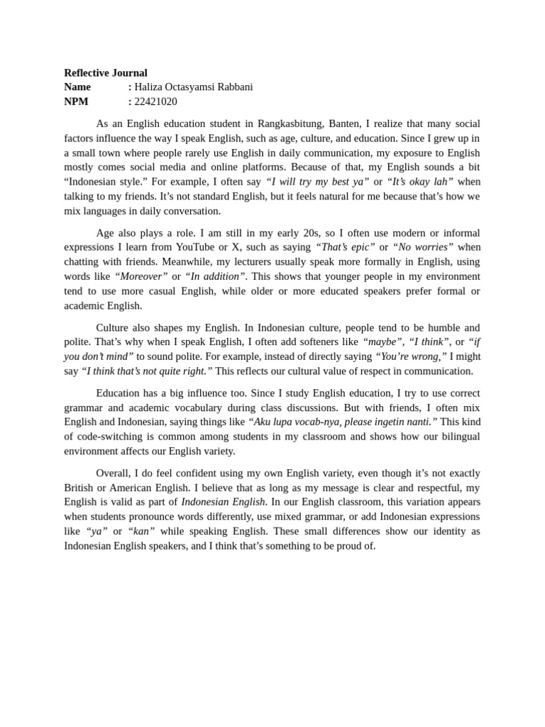 Reflective Journal Language and Social Factors in TESOL | PDF