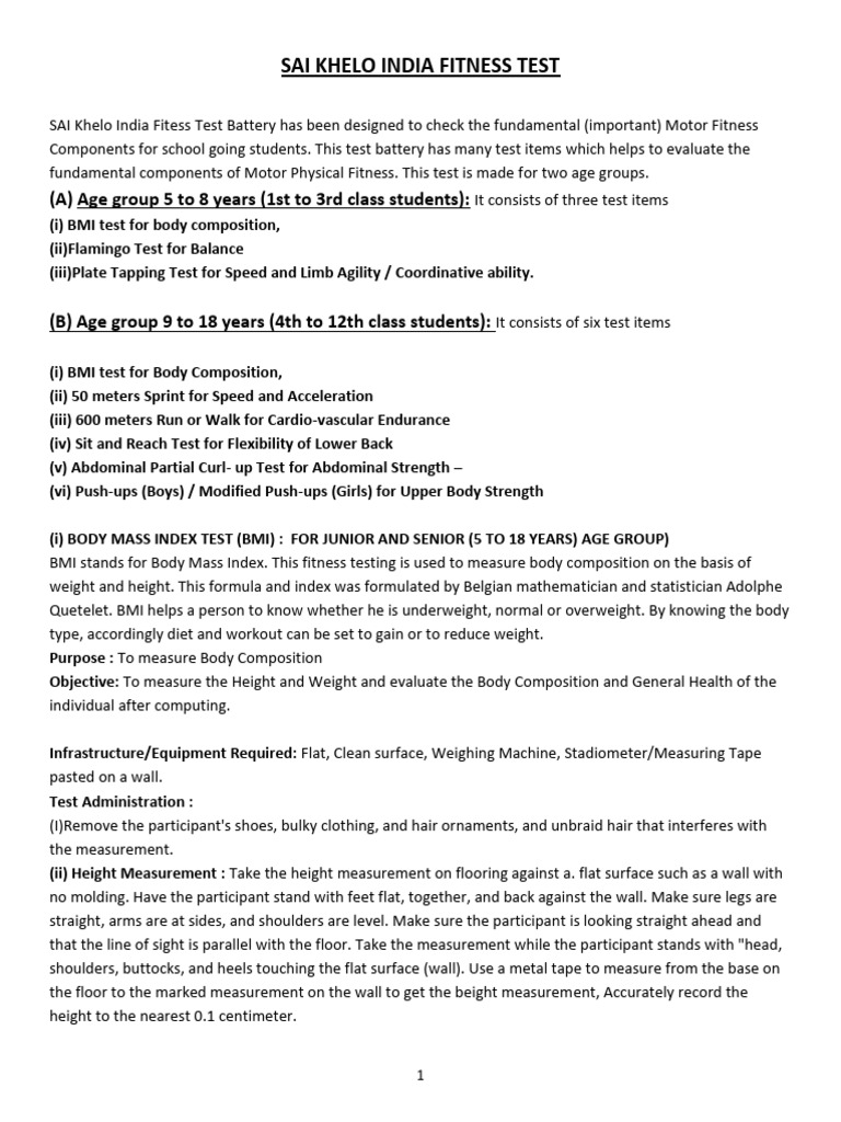 Sai Khelo India Fitness Test[1] | PDF | Body Mass Index | Asana