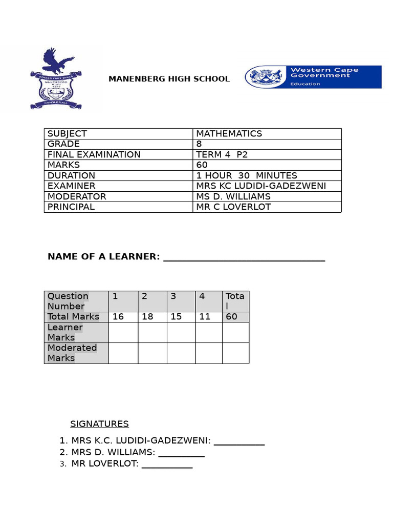 Grade 8 Mathematics Final Exam Paper | PDF | Area | Elementary Geometry