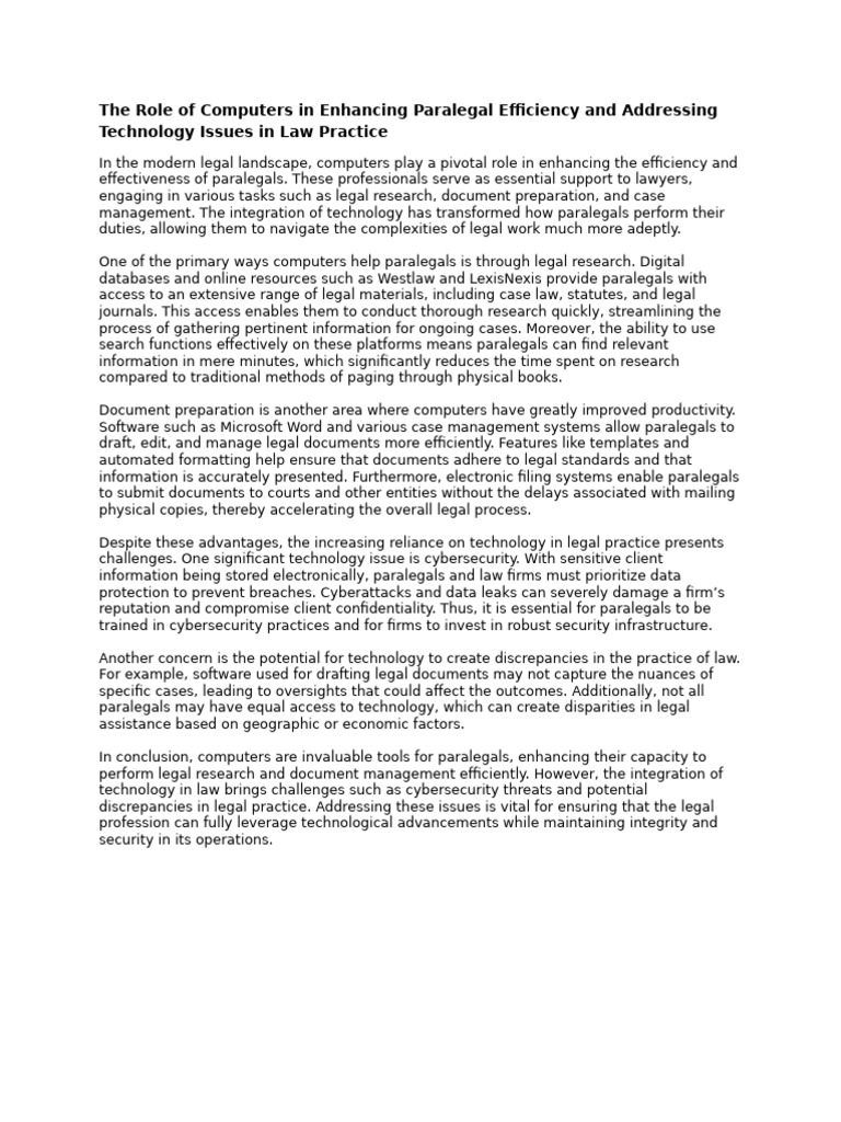 The Role of Computers in Enhancing Paralegal Efficiency and Addressing ...