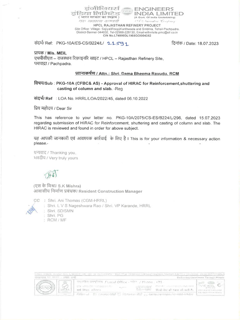 Pkg.-10A Mega-21591, Regarding Approval of HIRAC for Reinforcement ...