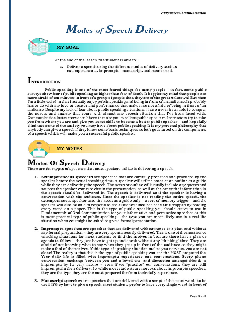 Modes of Speech Delivery Explained | PDF | Public Speaking | Gesture
