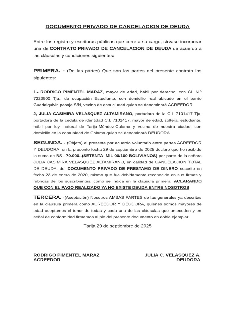 Documento Privado de Cancelacion de Deuda | PDF