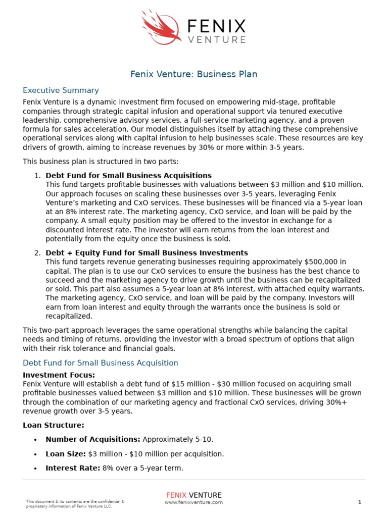 Fenix Venture - Business Plan | PDF | Investing | Interest