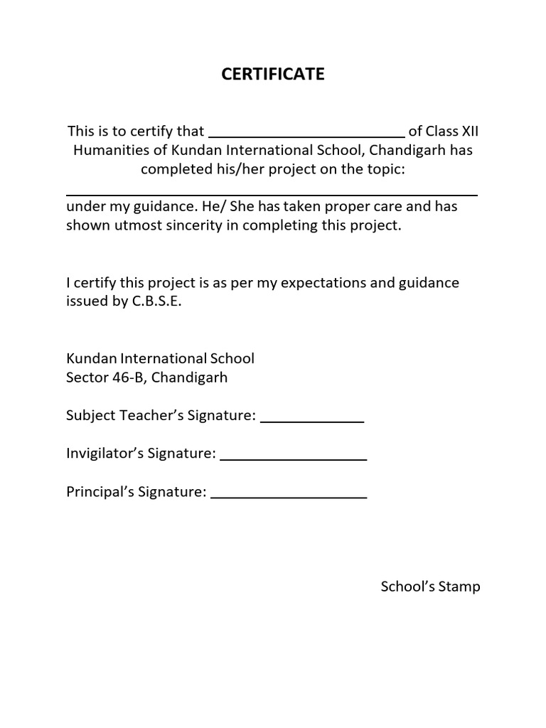 Class XII Humanities Project Certificate | PDF