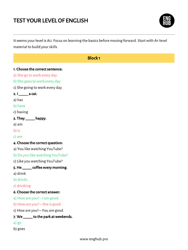 English Level A0 Test Questions | PDF