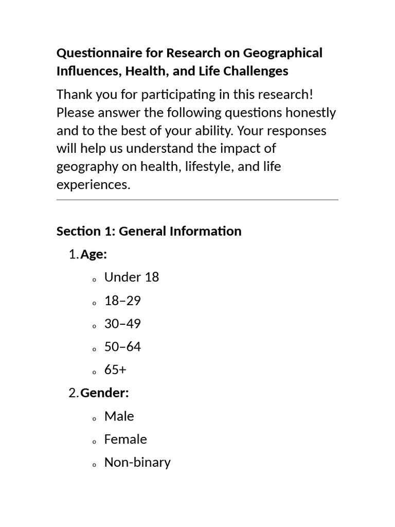 Questionnaire for Research on Geographical Influences | PDF
