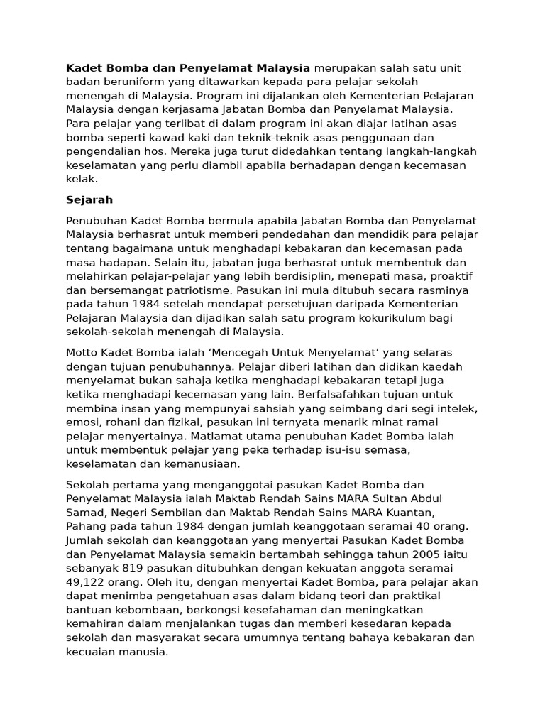 Kadet Bomba Dan Penyelamat Malaysia | PDF