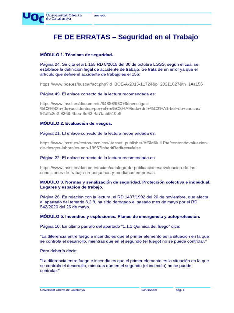 Fe de Erratas en Seguridad Laboral | PDF