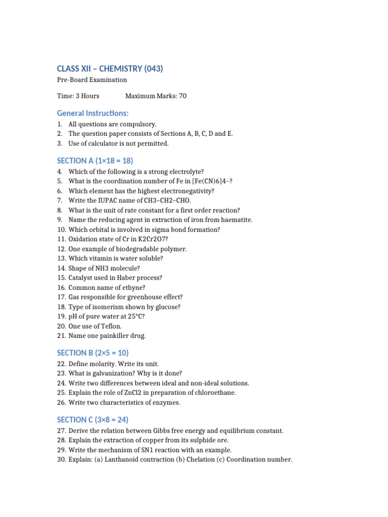 Class 12 CBSE Chemistry Preboard Question Paper-1 | PDF