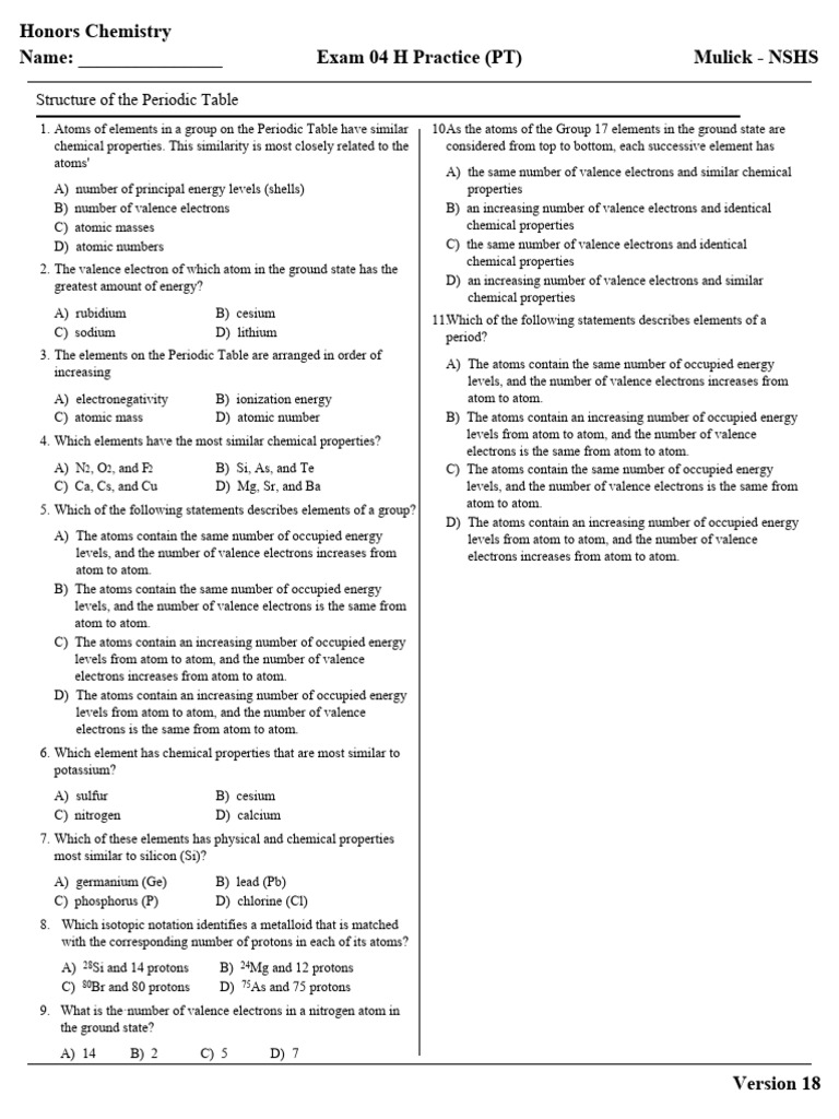 Periodic Table Chemistry Exam Practice | PDF | Ion | Periodic Table