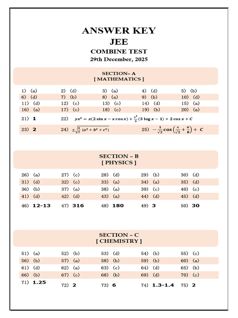 Answer Key Jee Dec 2025 Ct | PDF