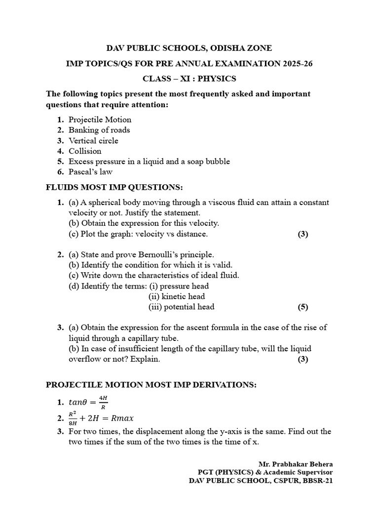 Key Physics Topics for Class XI Exam | PDF