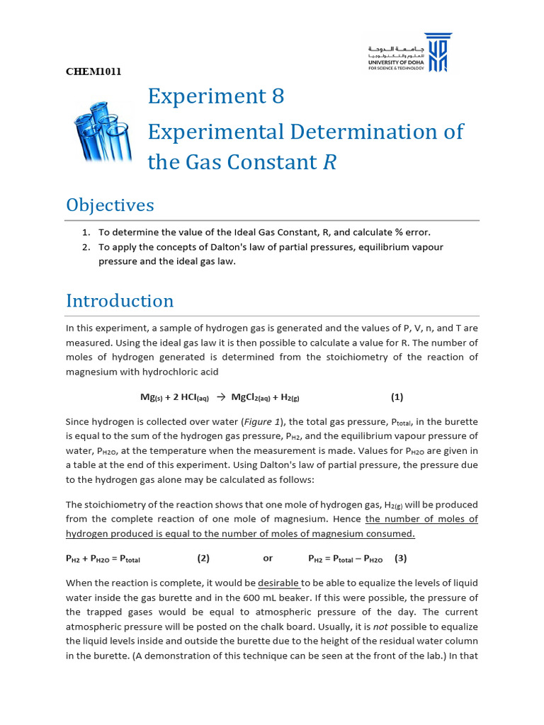 CHEM1011 Exp08 Gas Constant Instructions | PDF | Pressure | Gases