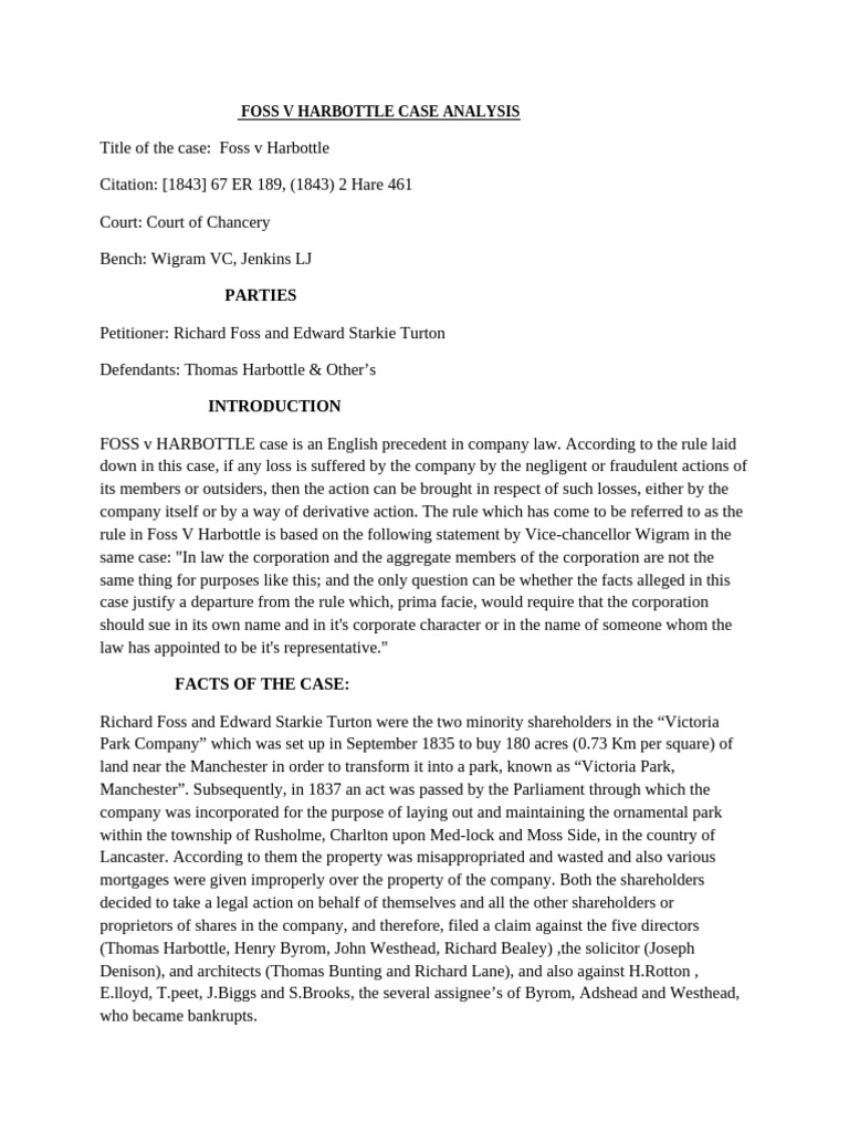 Foss v Harbottle Case Summary | PDF | Lawsuit | Private Law