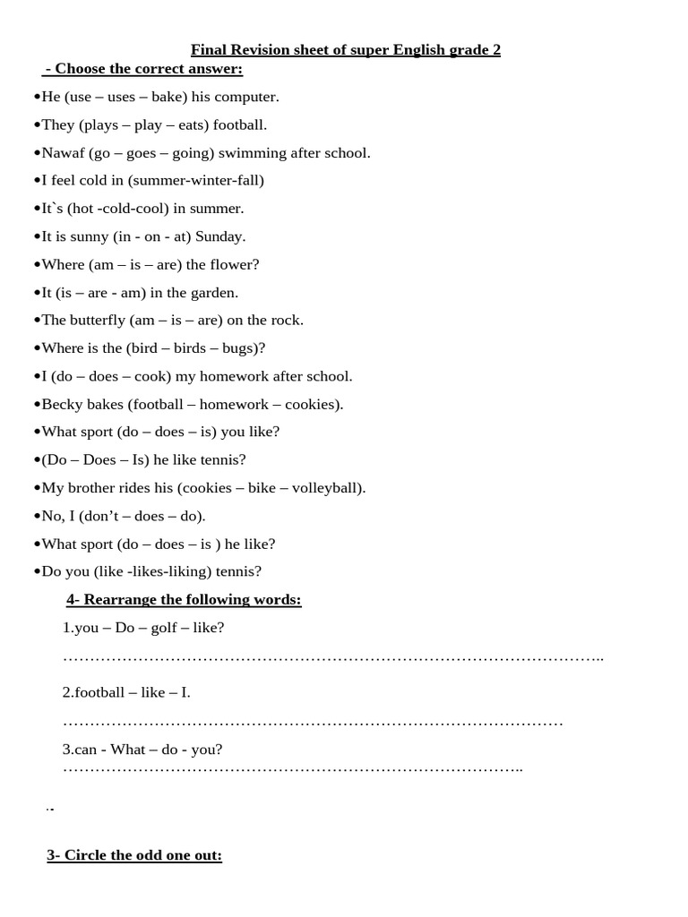 Final Revision Sheet of Grade 2 | PDF