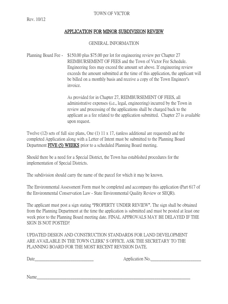 Minor Subdivision Application w New Fee Statement 10-12 | PDF | Land Lot