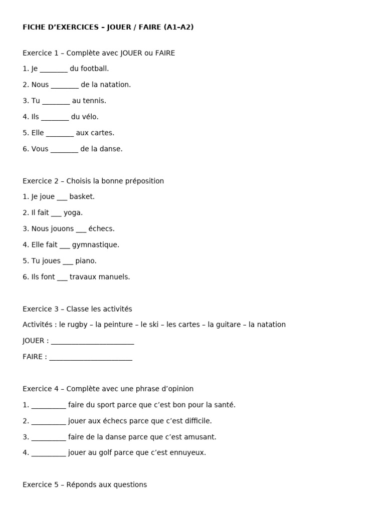 Exercices A1-A2 : Jouer et Faire | PDF