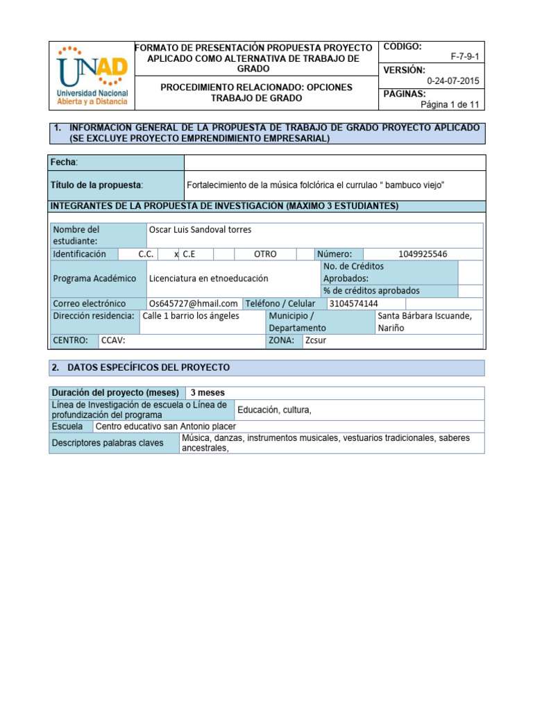 - F-7-9-1 FORMATO PROYECTO APLICADO. Oscar Luis Sandoval Torres | PDF ...
