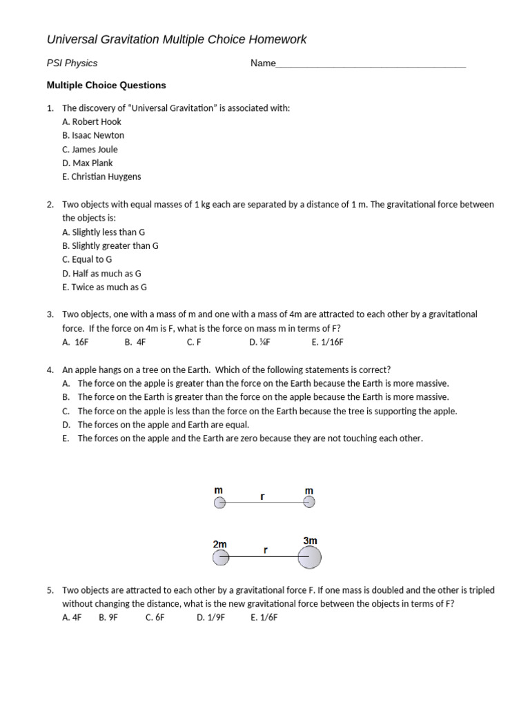 Universal Gravitation MCQ Homework | PDF | Weight | Force