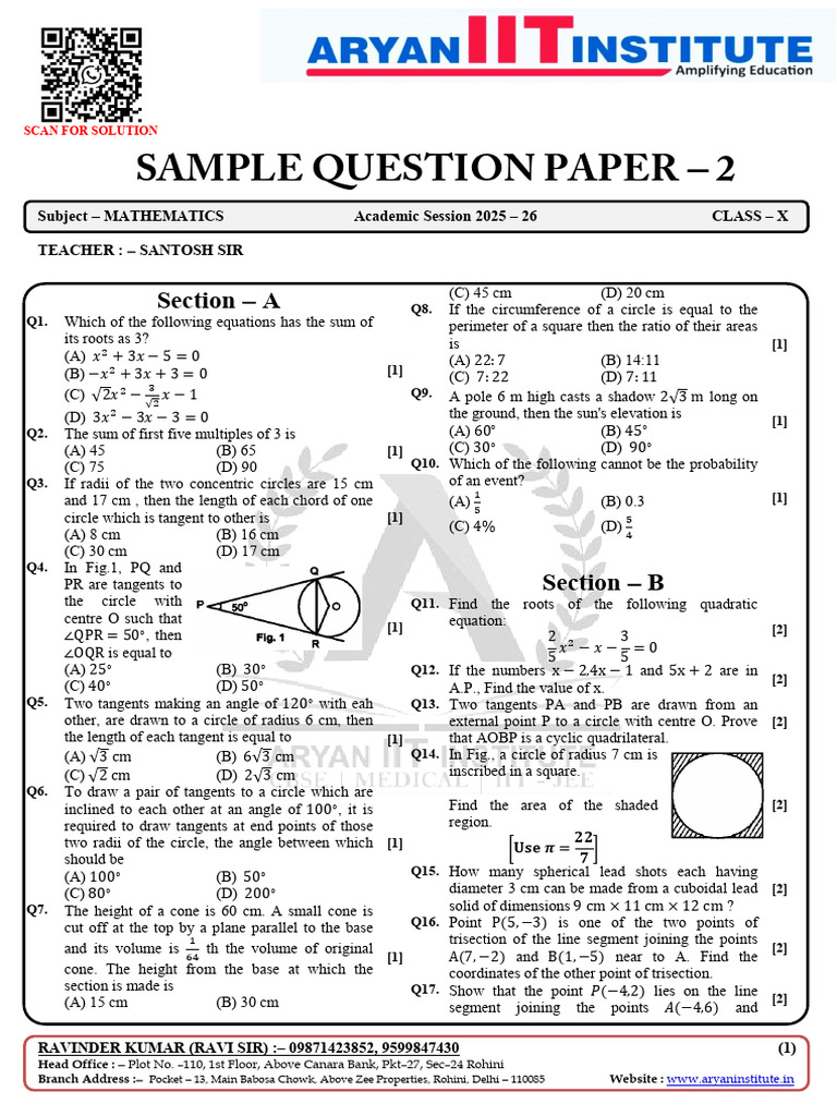 Class X Mathematics Sample Paper 2025 | PDF | Sphere | Circle