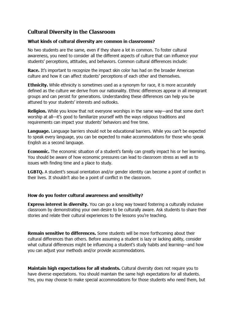 Cultural Diversity in the Classroom | PDF | Learning | Psychological ...