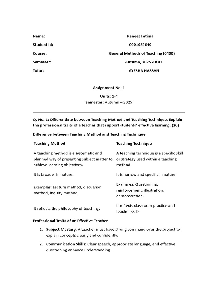 General Methods of Teaching (6400) 1 | PDF | Teaching Method | Motivational