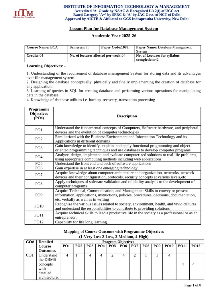 DBMS 108T Lesson Plan (2025-26) | PDF | Relational Model | Sql