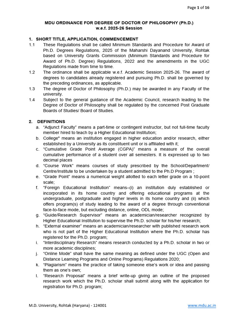 MDU Ph.D. Admission Regulations 2025 | PDF | Doctor Of Philosophy | Thesis