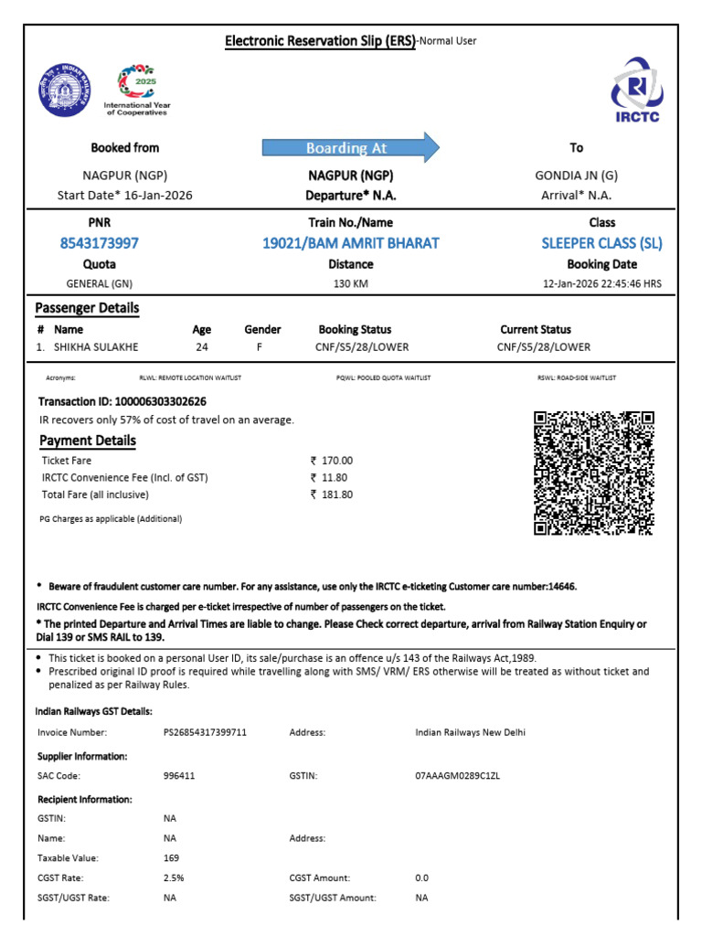 Electronic Reservation Slip for Train Ticket | PDF | Identity Document ...