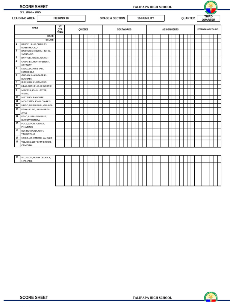 Filipino 10 Score Sheet - 3rd Quarter | PDF